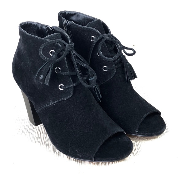 XOXO | Shoes | Xoxo Black Faux Suede Peep Toe Tie Up Block Heels | Poshmark